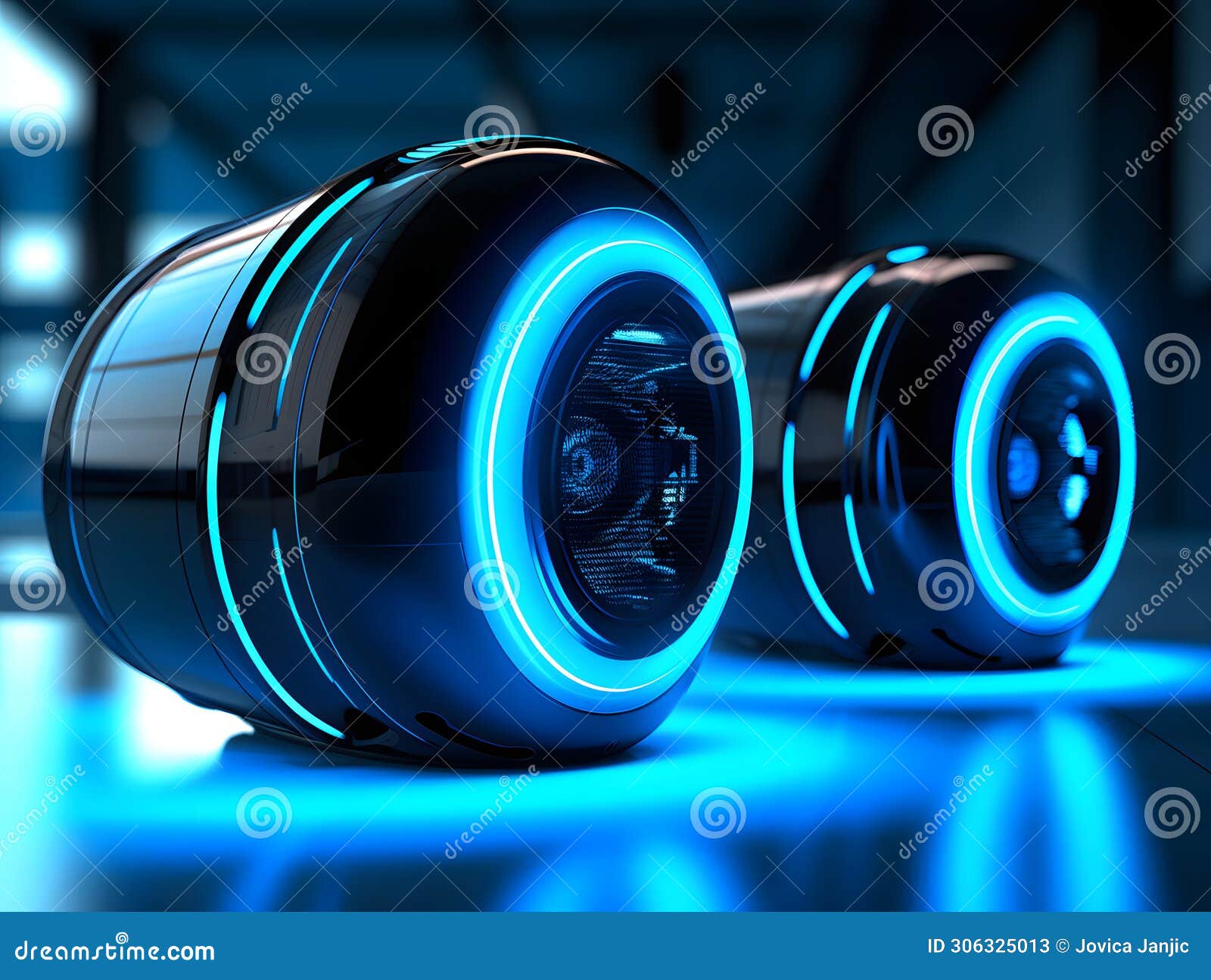 A Pair of Round Black Objects with Blue Lights Stock Illustration ...