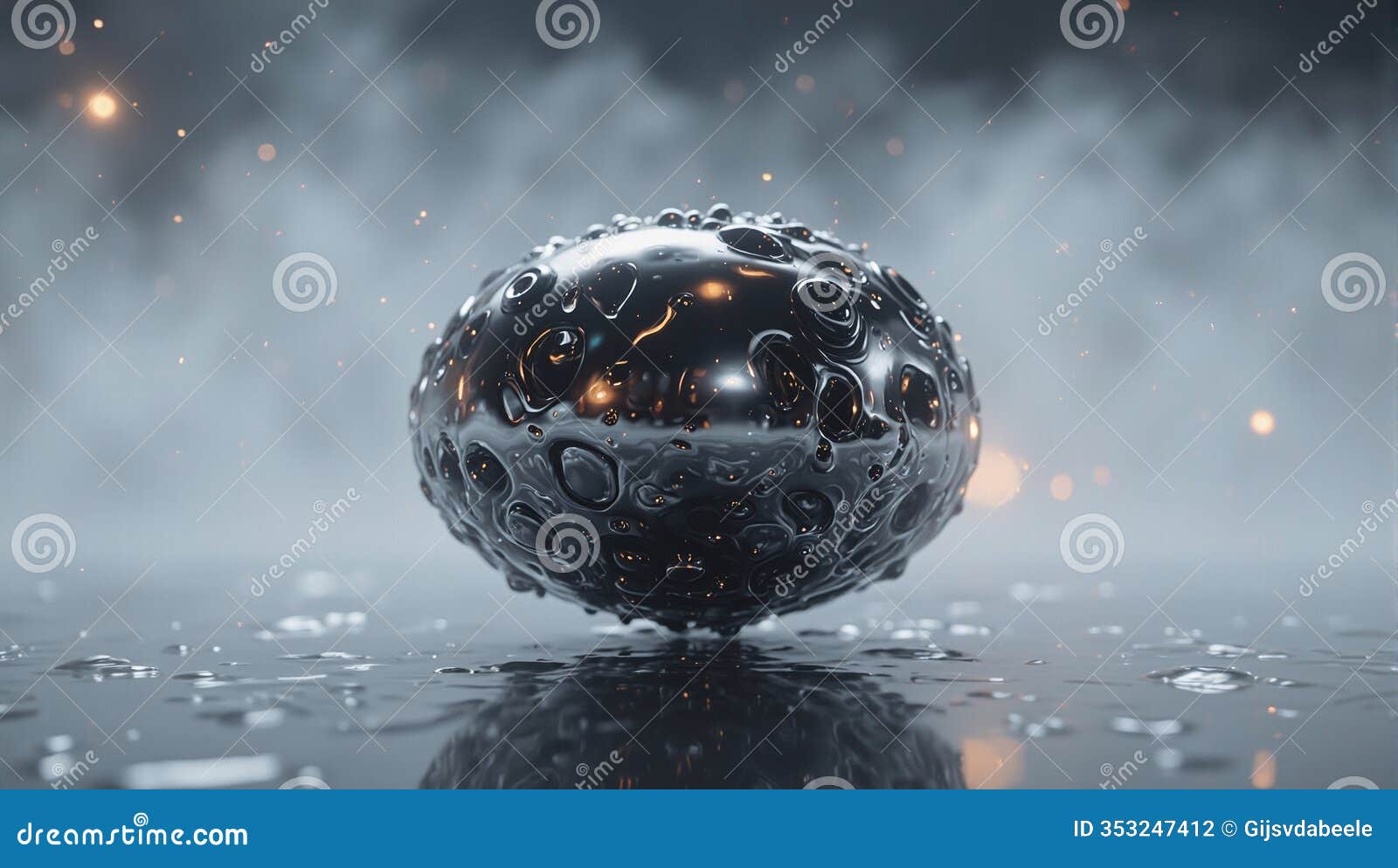 Gleaming Liquid Metal Orb in Misty Aura Stock Illustration ...