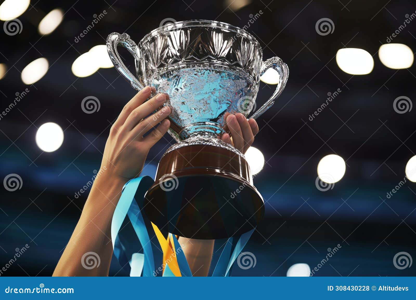 Gleaming Silver Trophy Being Lifted by a Winners Hands Stock Photo ...