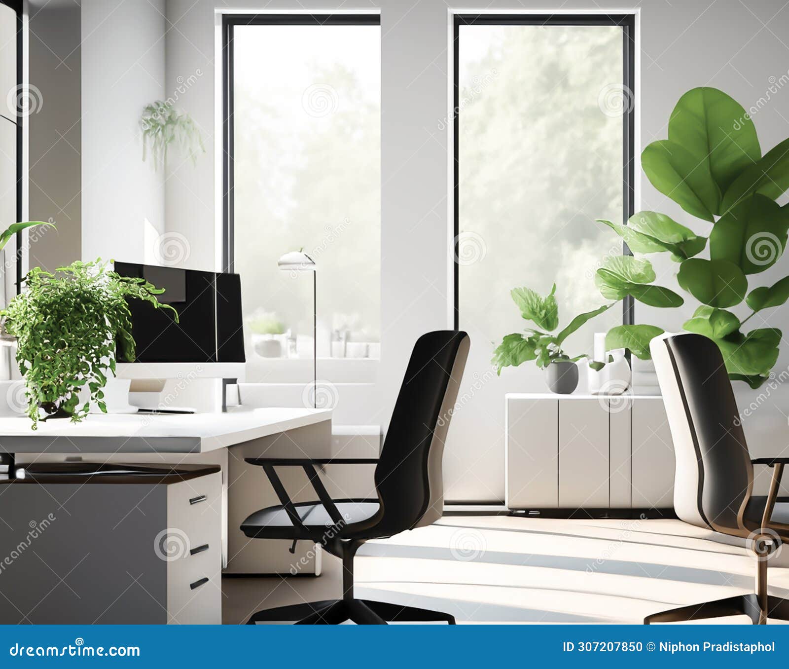 Modern Office, Gleaming White Workstations, Bask in the Warm Glow of ...