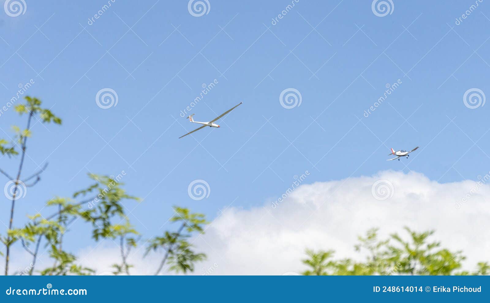 Glider Pulled by a Small Plane, Seen Above the Trees, in a Blue Sky ...