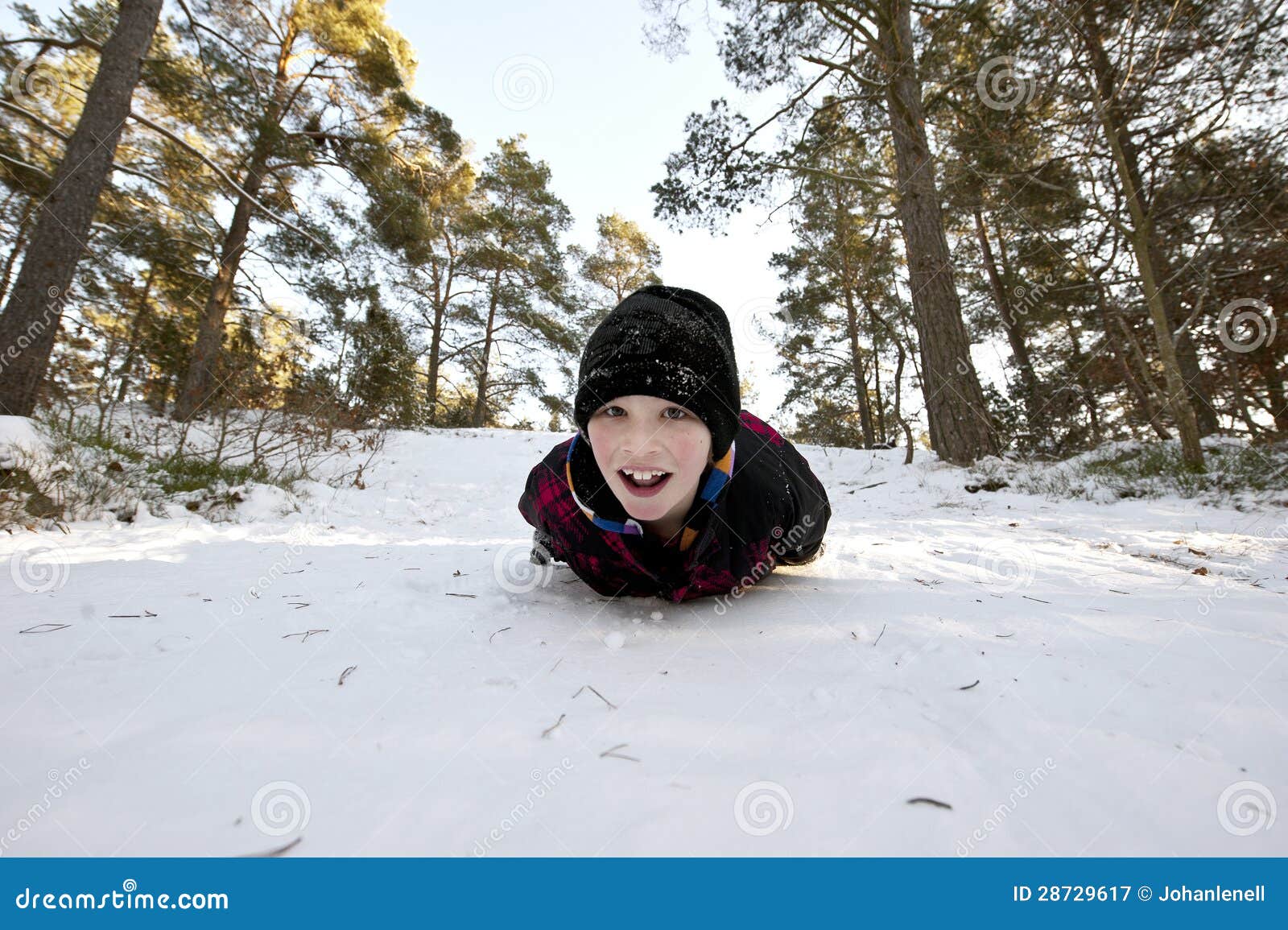 Gliding in the Snow on Belly Stock Image - Image of smiling, seasonal ...