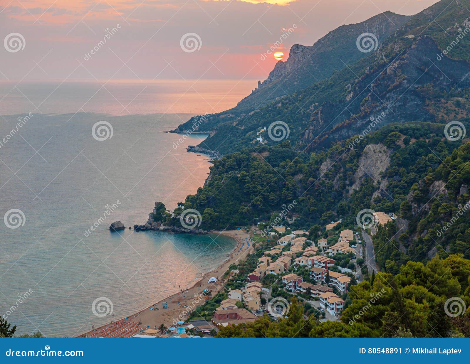 Glifada Village at Sunset, Corfu, Greece Stock Image - Image of cloud ...