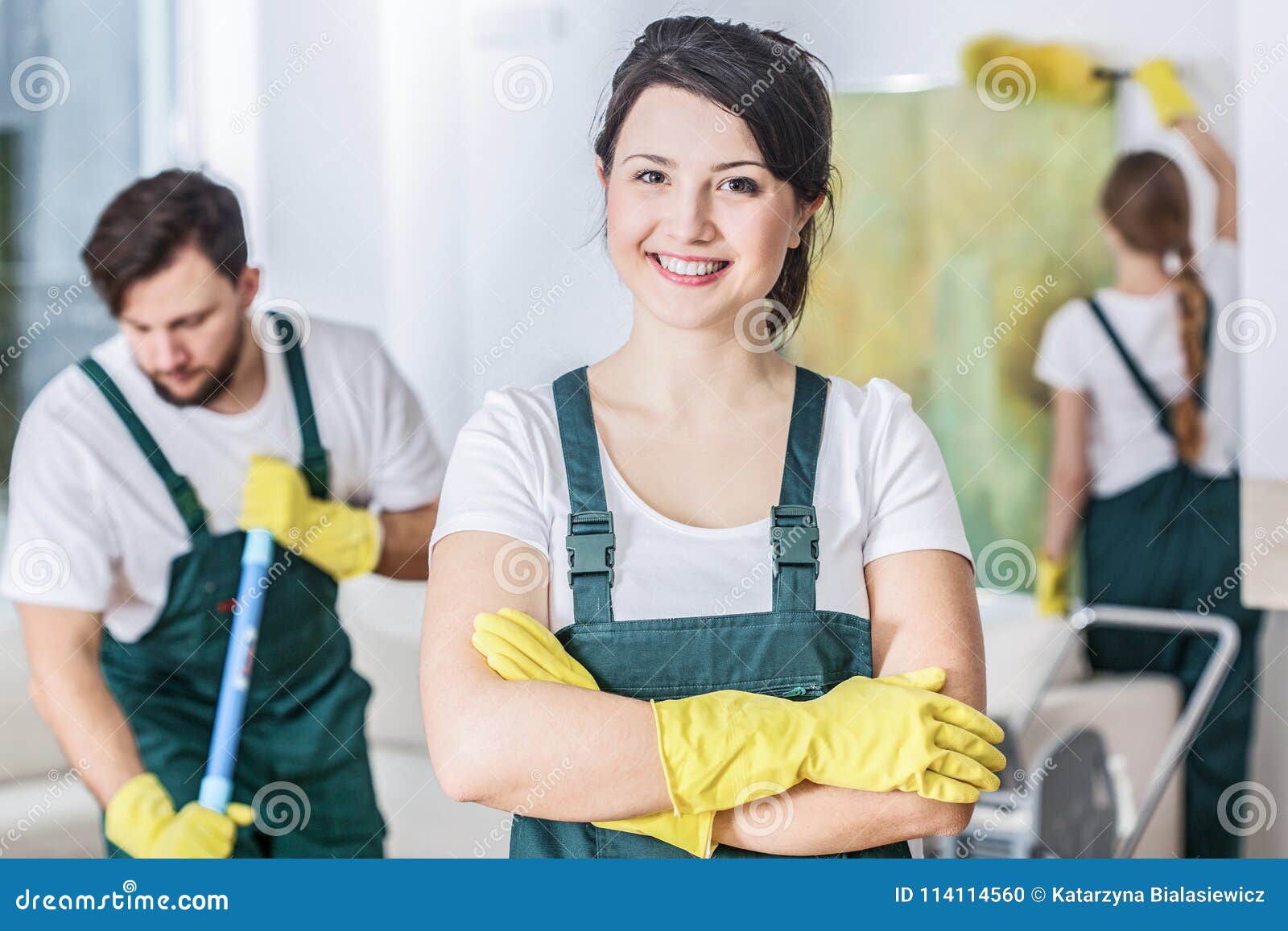 Glimlachende Schoonmaakster Stock Foto - Image of rubber, groen: 114114560