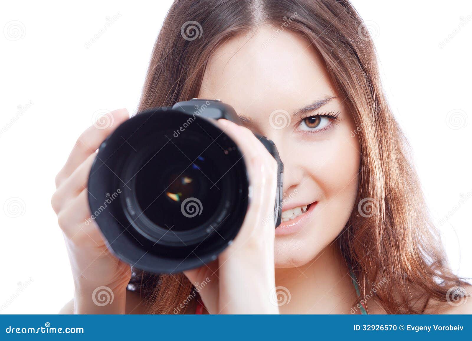 Glimlachende Vrouw Met Professionele Camera Stock Foto - Image of deel ...