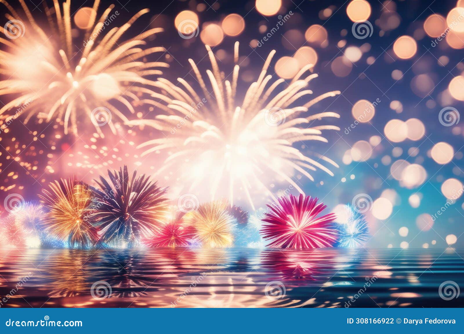 Glimmering Fireworks Reflections on Water Against a Bokeh Background ...