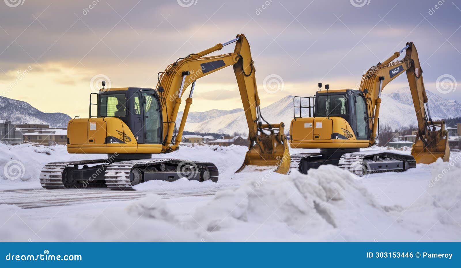 A Glimpse of Excavators Blanketed in Snow at a Wintry Construction Site ...