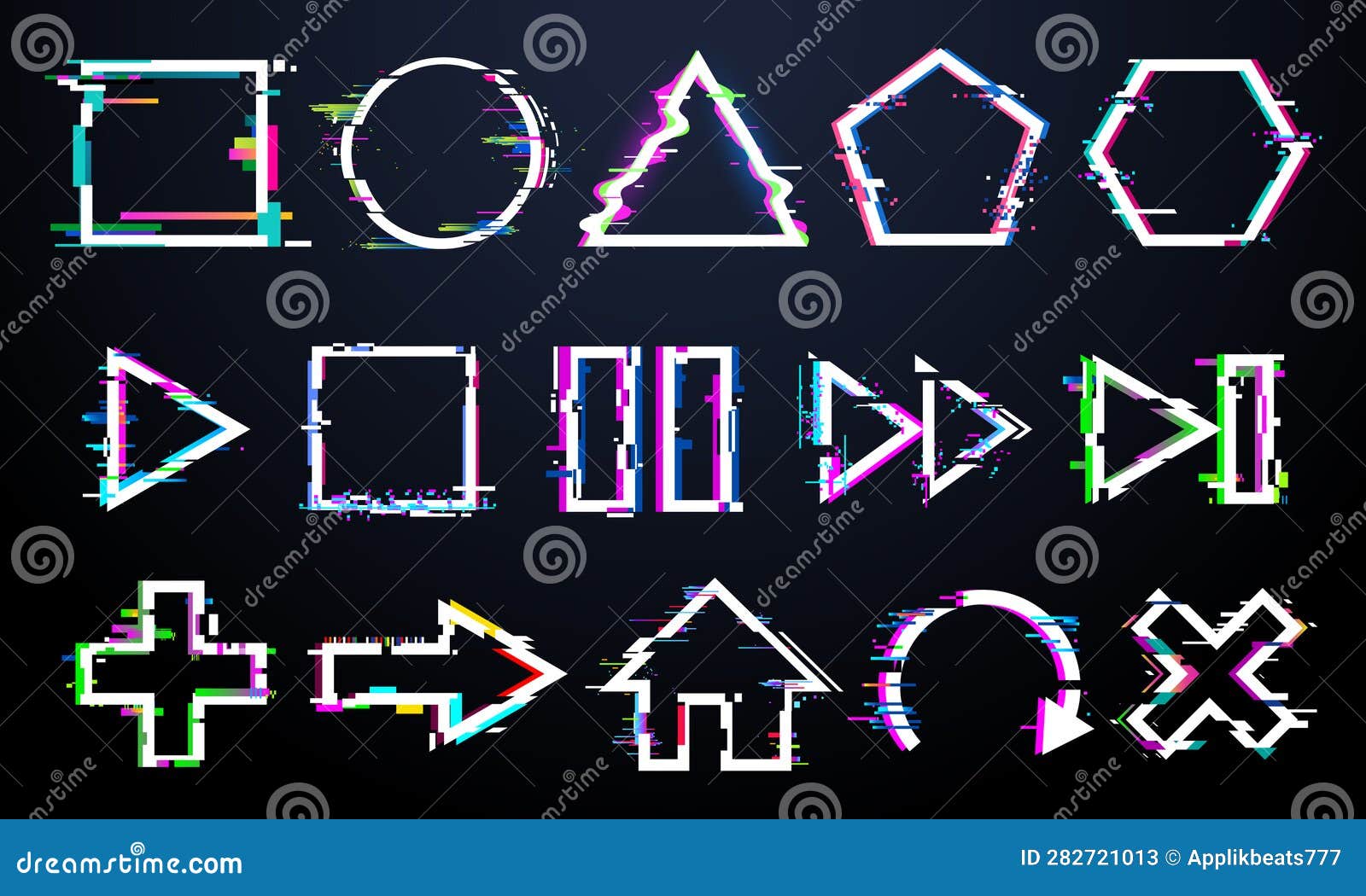 Glitch Buttons. Glitched Minimal Frames, Music Control Icons with ...