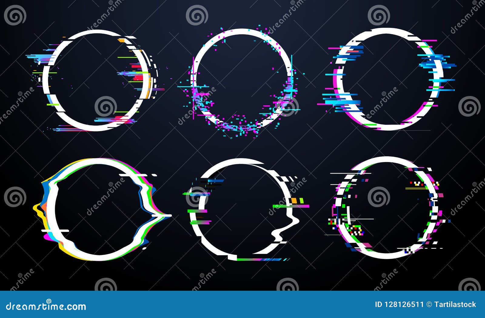 Glitch Circle Frame Set, Glitch Effect, Different Round Shapes Isolated ...