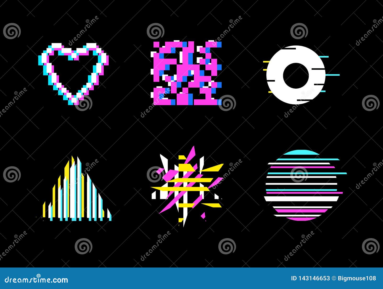 Glitch Design Icon Set on a Black Background. Vector Stock Vector ...