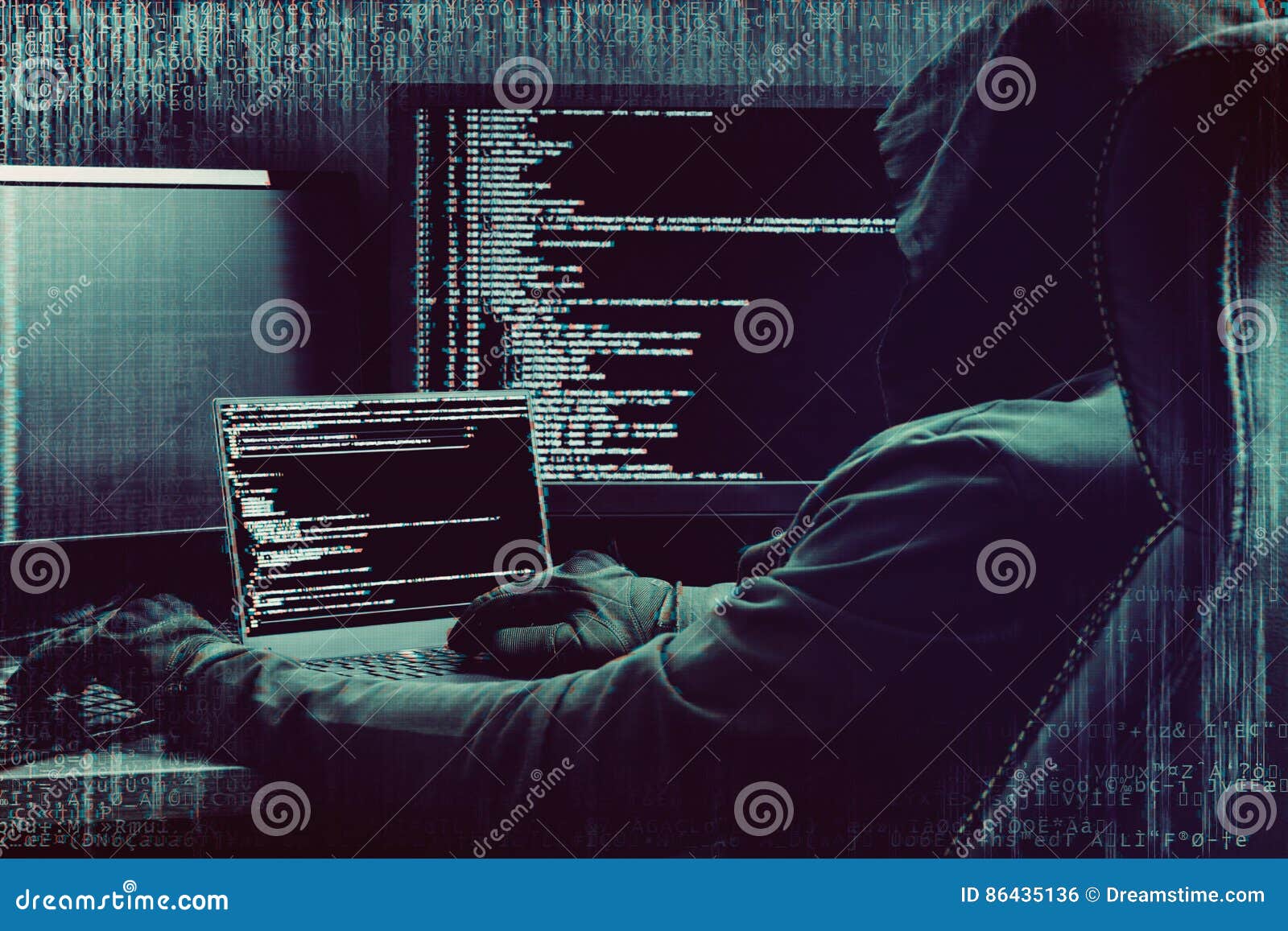 Glitch Effect. Hacker Working on a Code on Dark Digital Background with ...