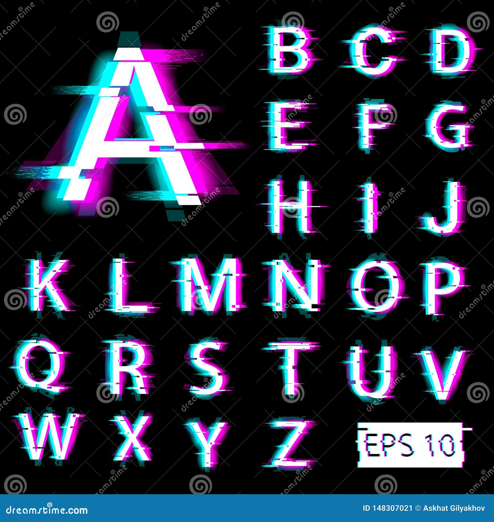 Glitch English Alphabet. Distorted Letters With Broken Pixel Effect ...