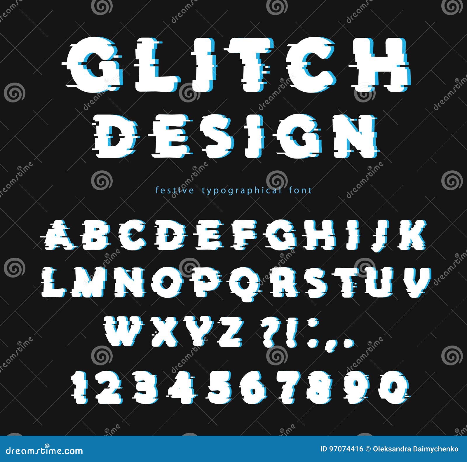 Glitch Font Design on the Black Background. Abc Letters and Numbers ...