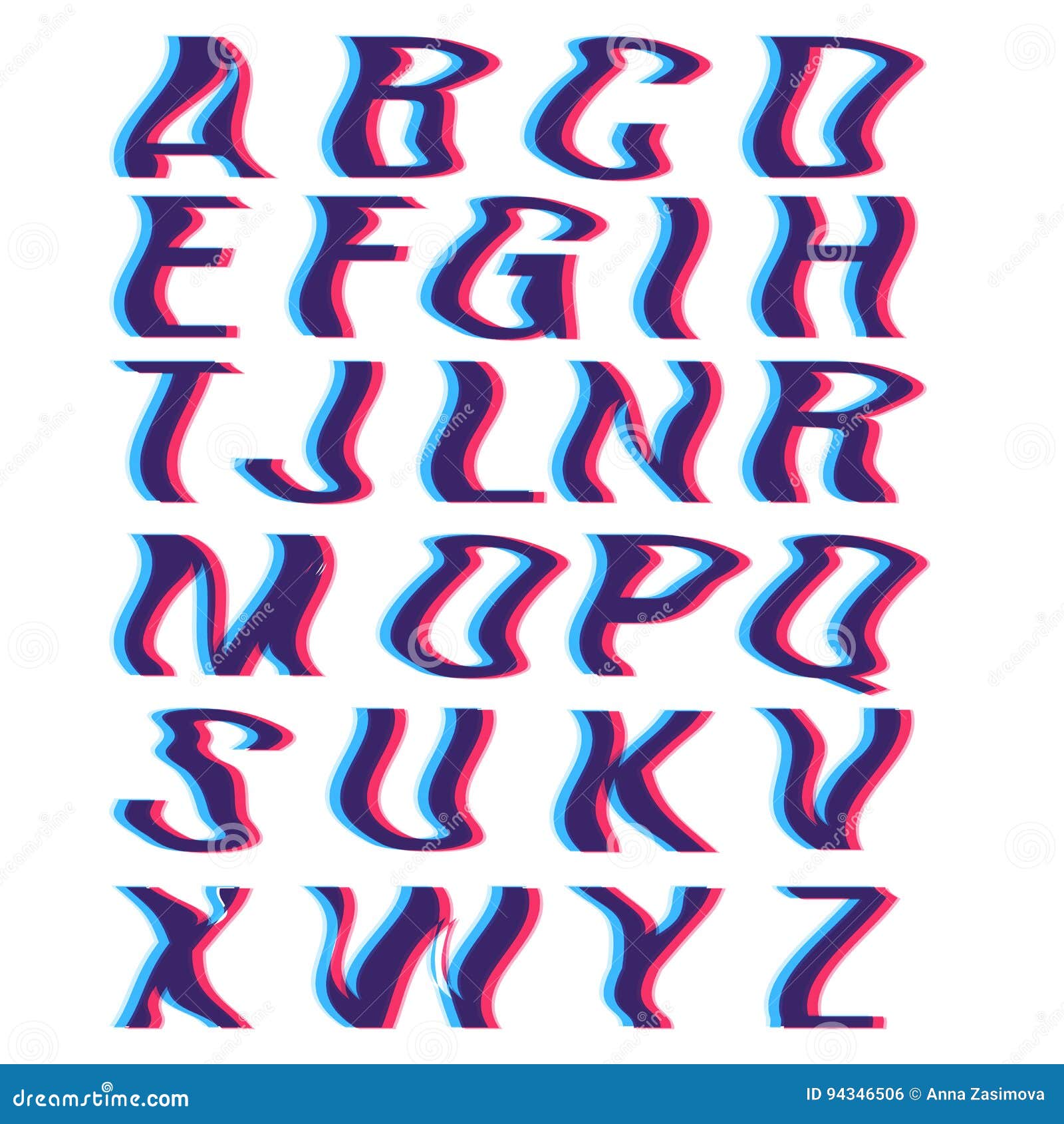 Stereoscopic Distortion, 3d Anaglyph Font Alphabet Letters Cartoon ...