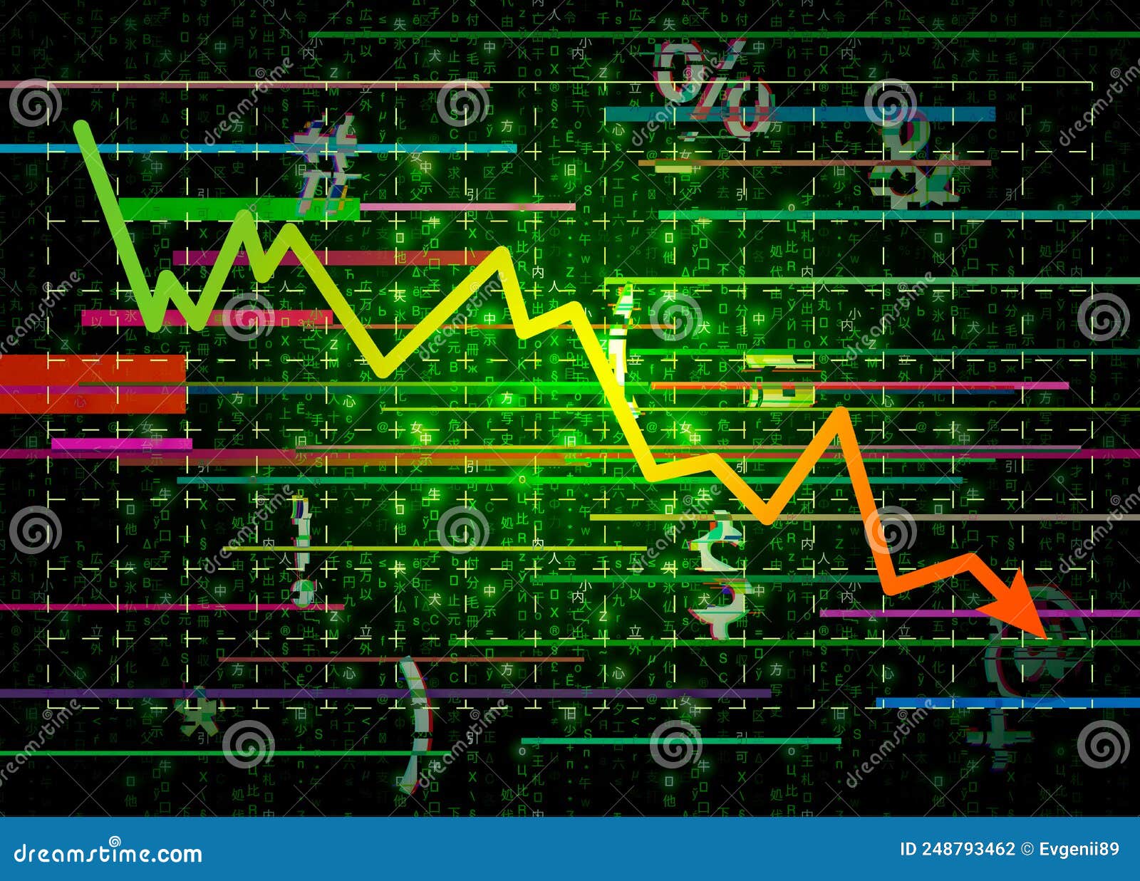 Glitch Green Matrix Symbols with Decrease Trade Graph Stock ...