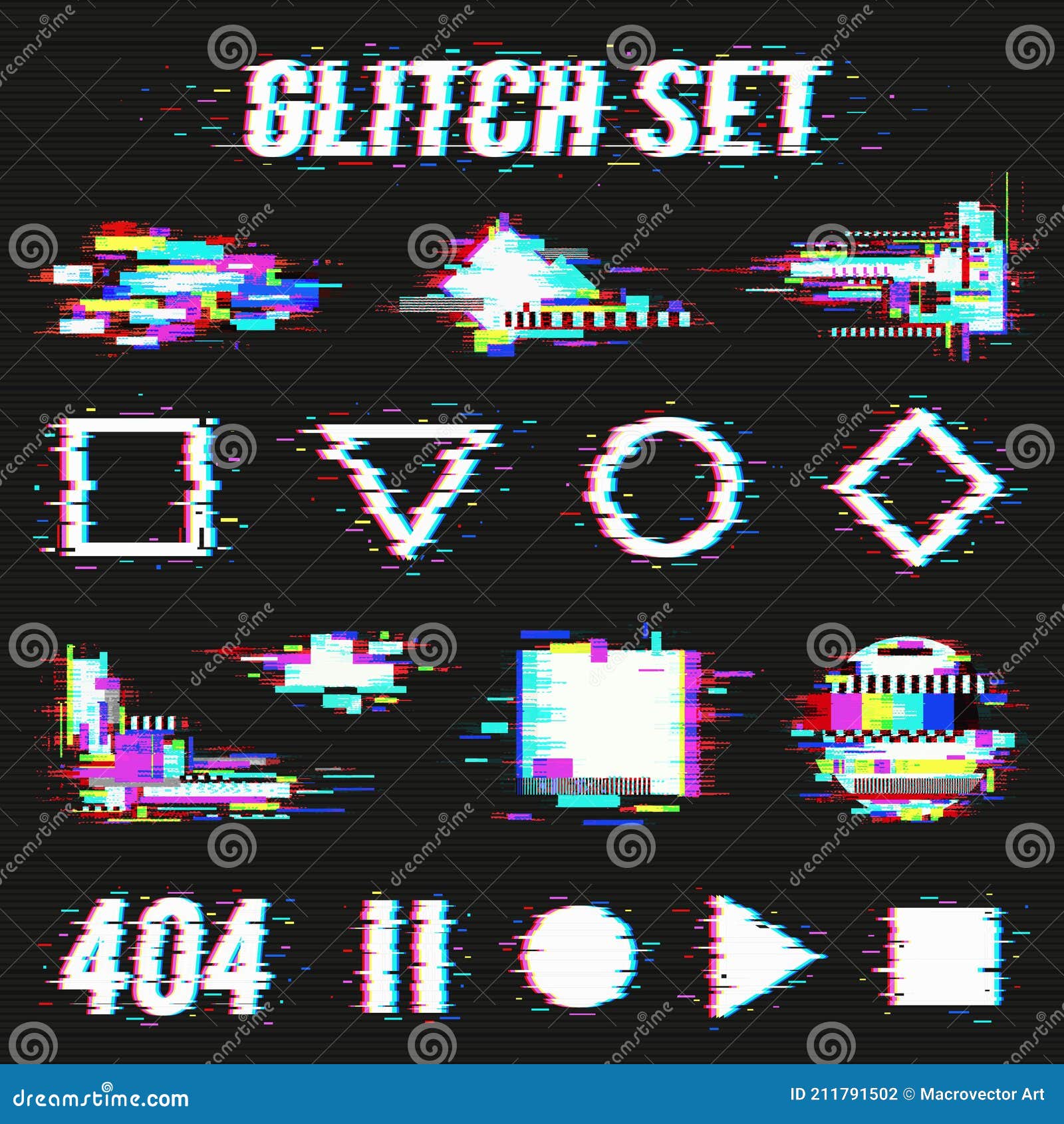 Glitch Set on Black Background Stock Vector - Illustration of destroyed ...