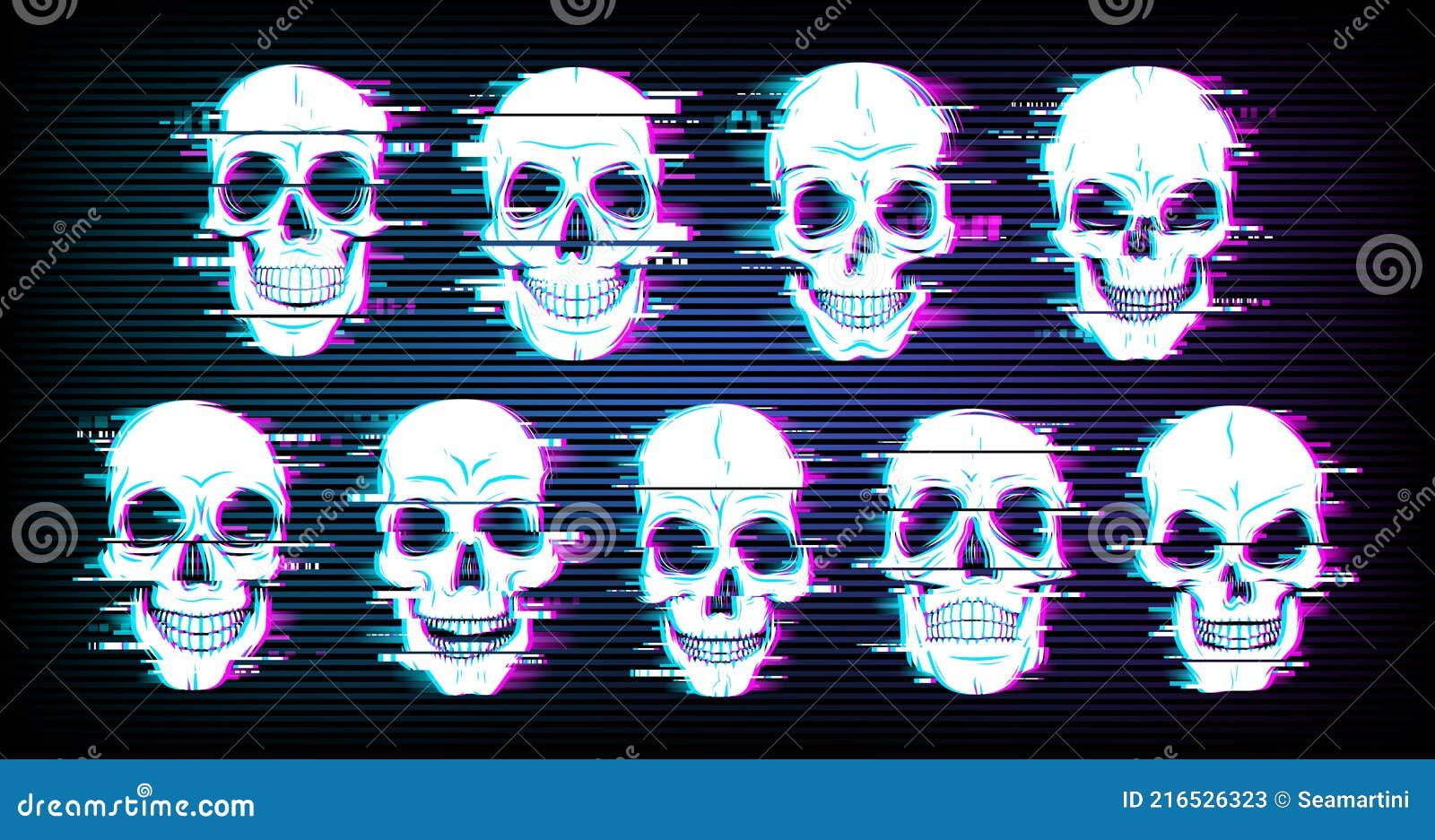 Glitch Skulls Vector Distorted Neon Glow Craniums Stock Vector ...