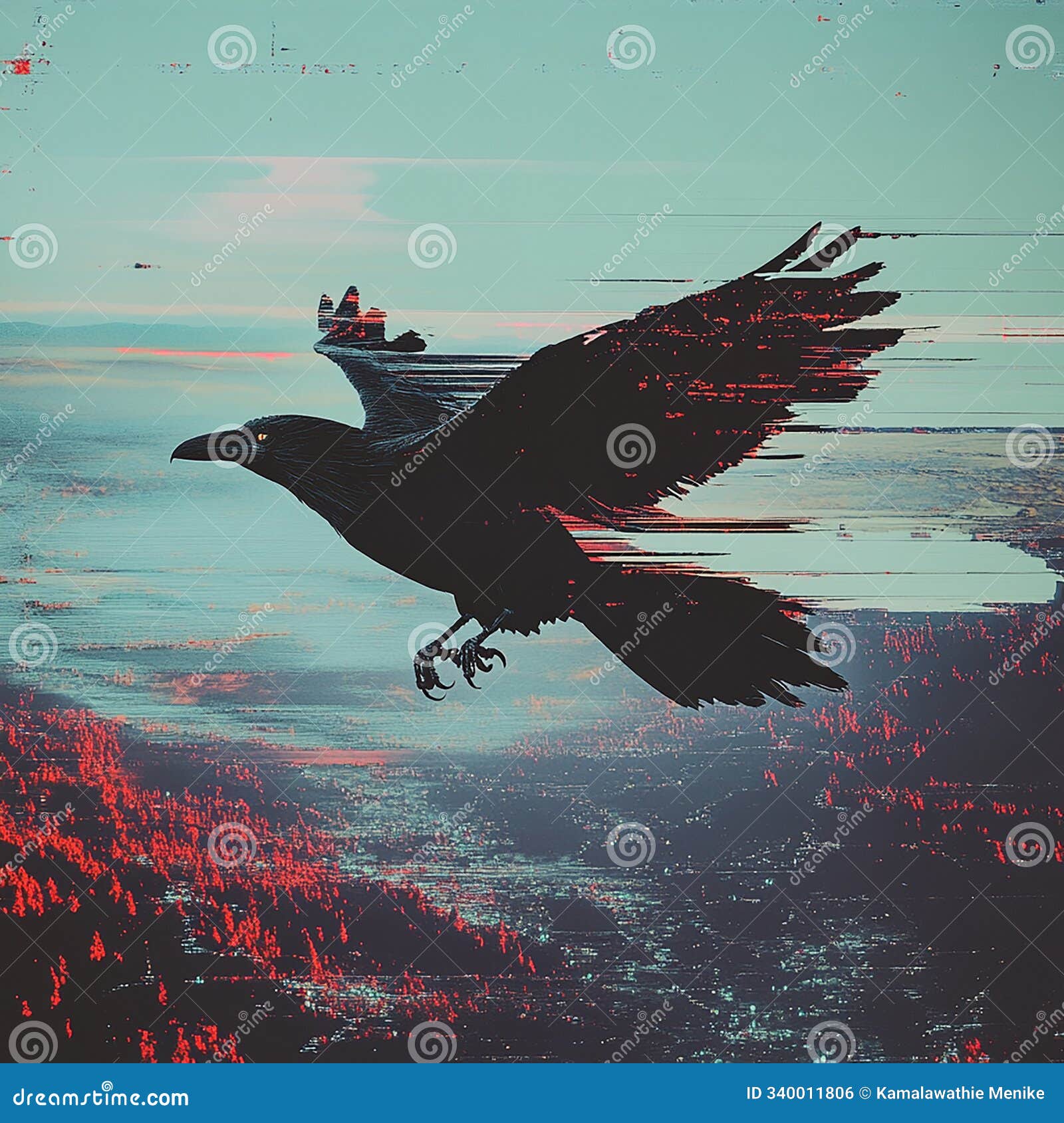 Glitchy Raven Flying through a Distorted Digital Landscape Stock ...