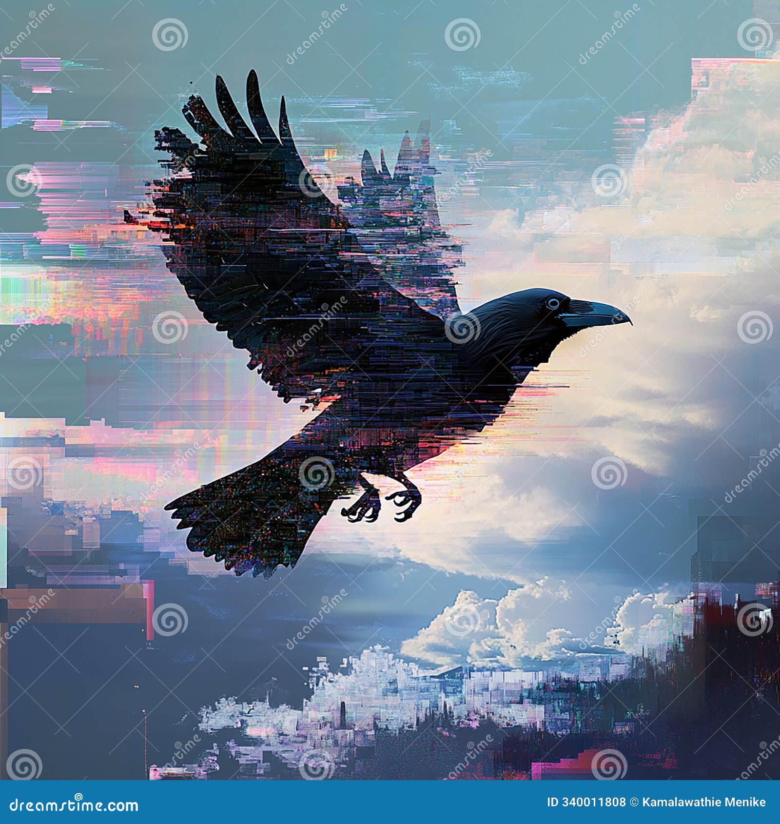 Glitchy Raven Flying through a Distorted Digital Landscape Stock ...