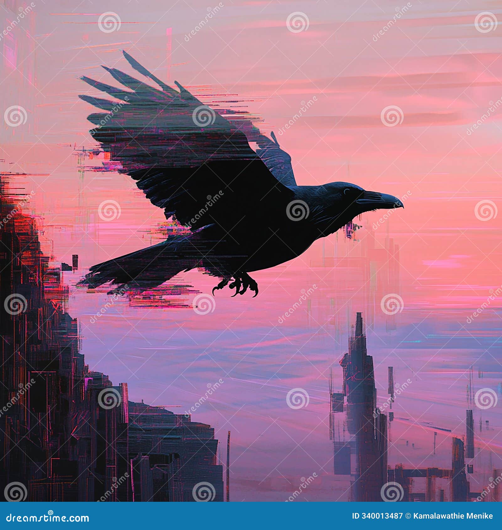 Glitchy Raven Flying through a Distorted Digital Landscape Stock ...