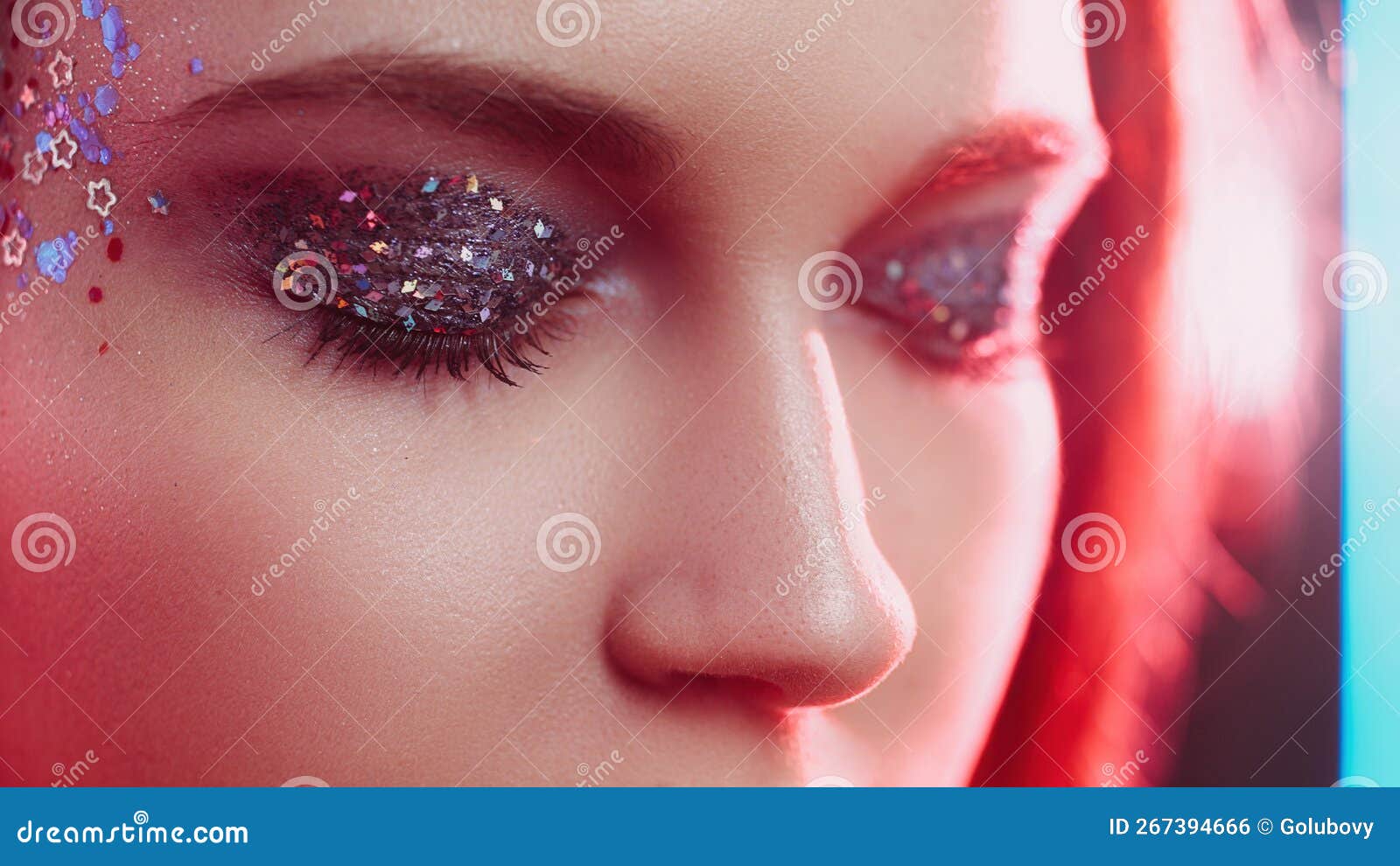 Glitter Makeup Neon Light Face Woman Eyeshadow Stock Photo - Image of ...
