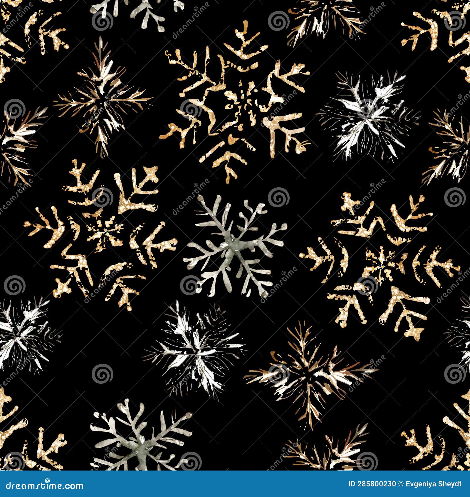 Glittered Seamless Pattern with Gold Snowflakes on a Black Background ...