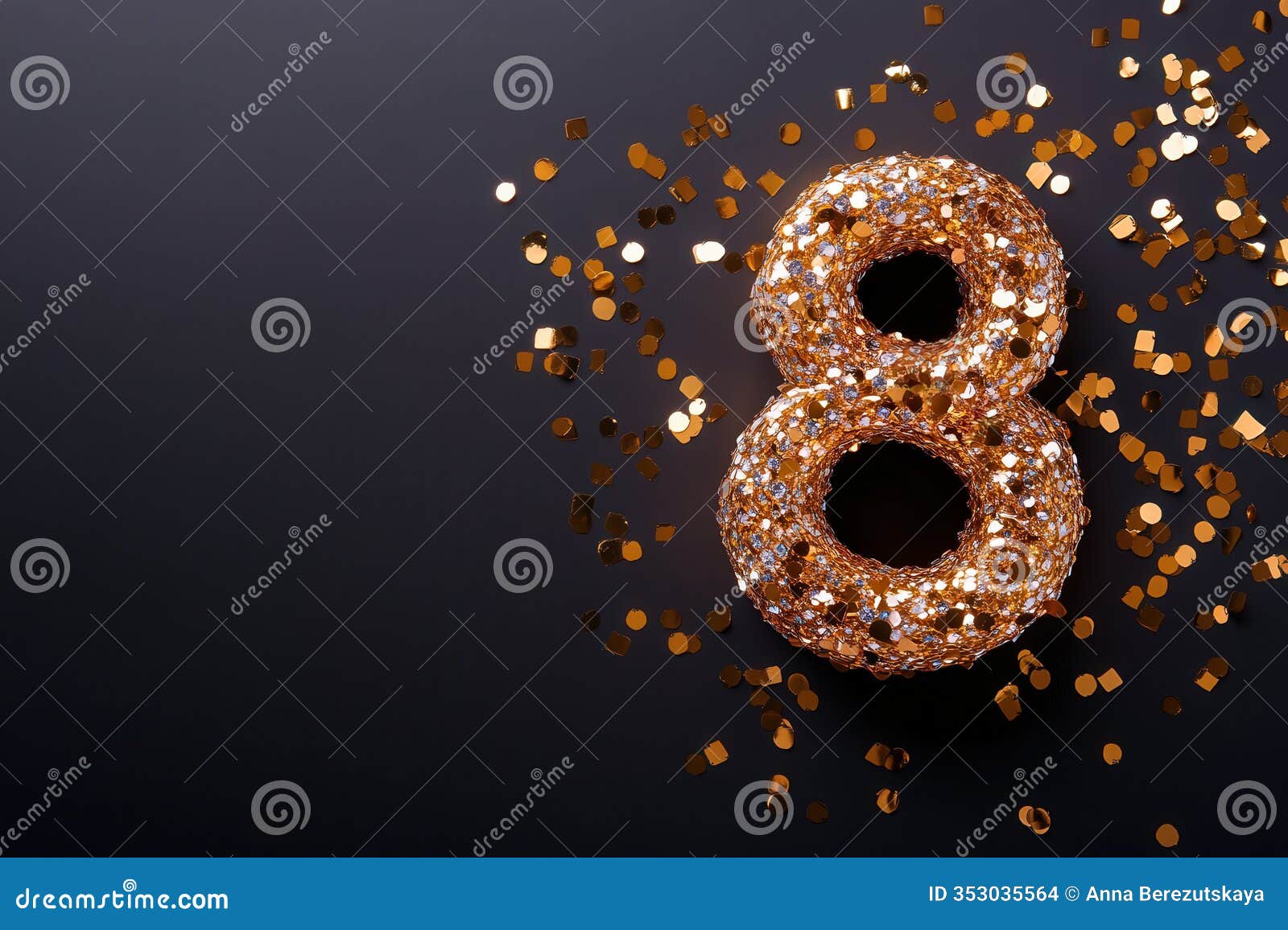 Glittering Gold Number 8 with Sparkling Confetti on Dark Background ...