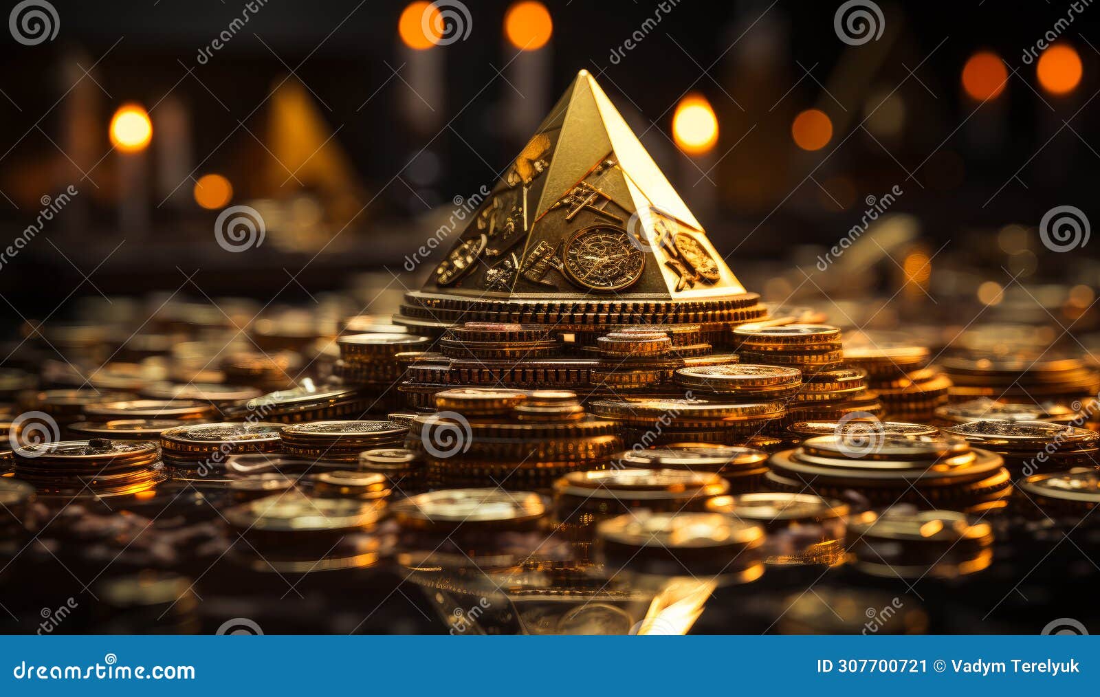 A Glittering Heap of Gold Coins Supporting a Majestic Pyramid Stock ...