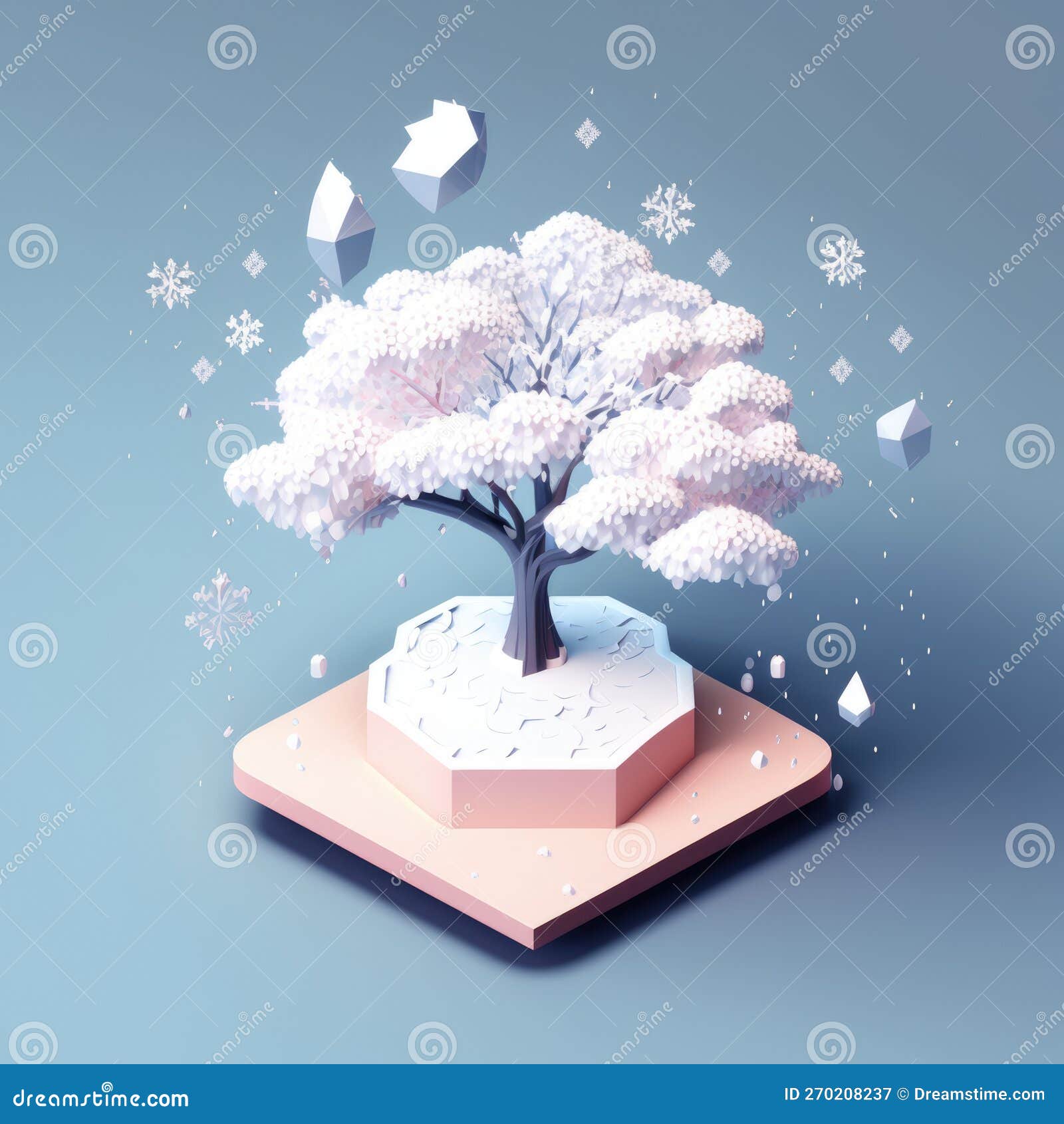 Glittering Snowflakes and a Cherry Blossom Tree, Isometric Low Poly ...
