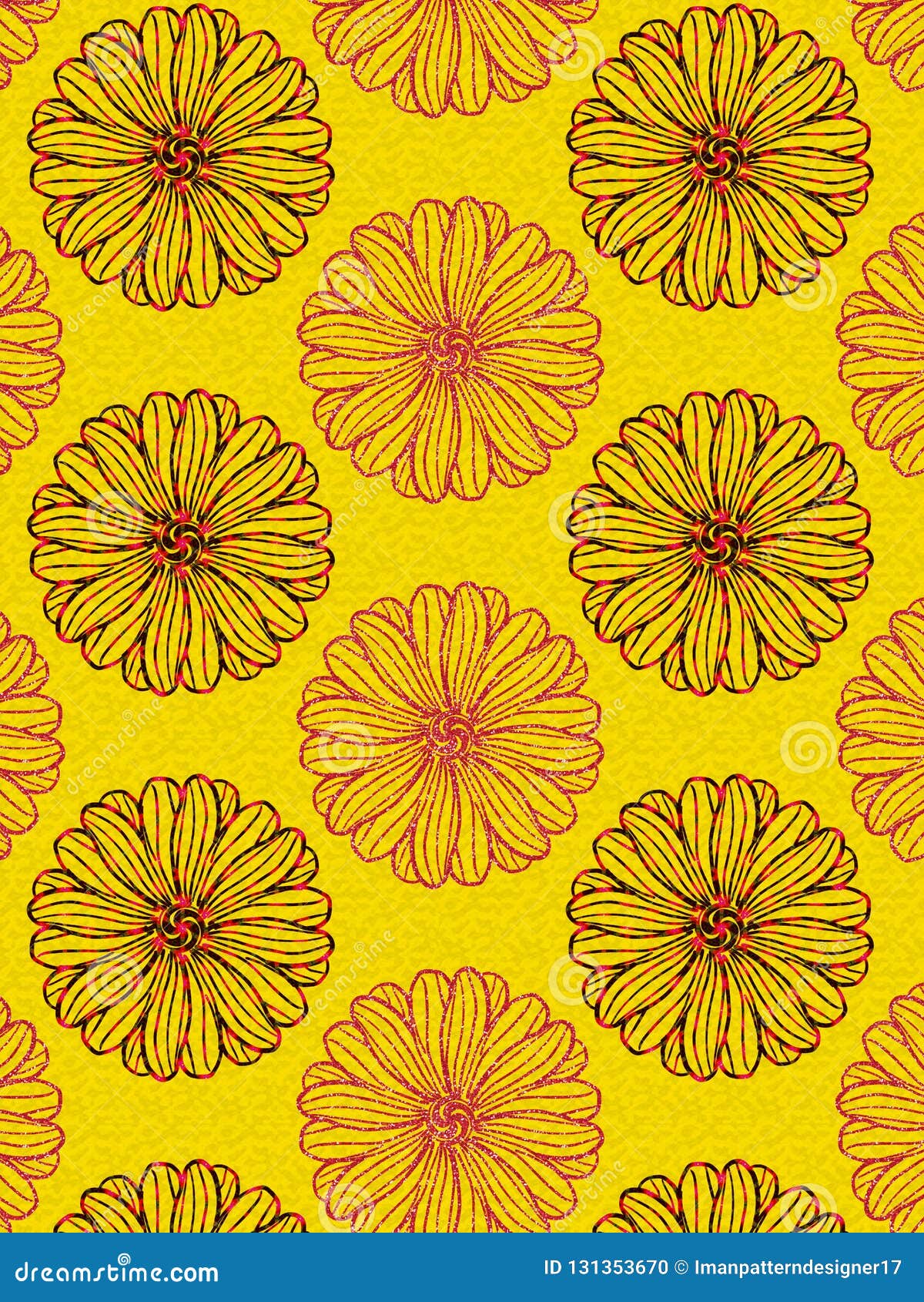 Glittery Black and Red Daisy Flowers Over Bright Yellow Texture Pattern ...