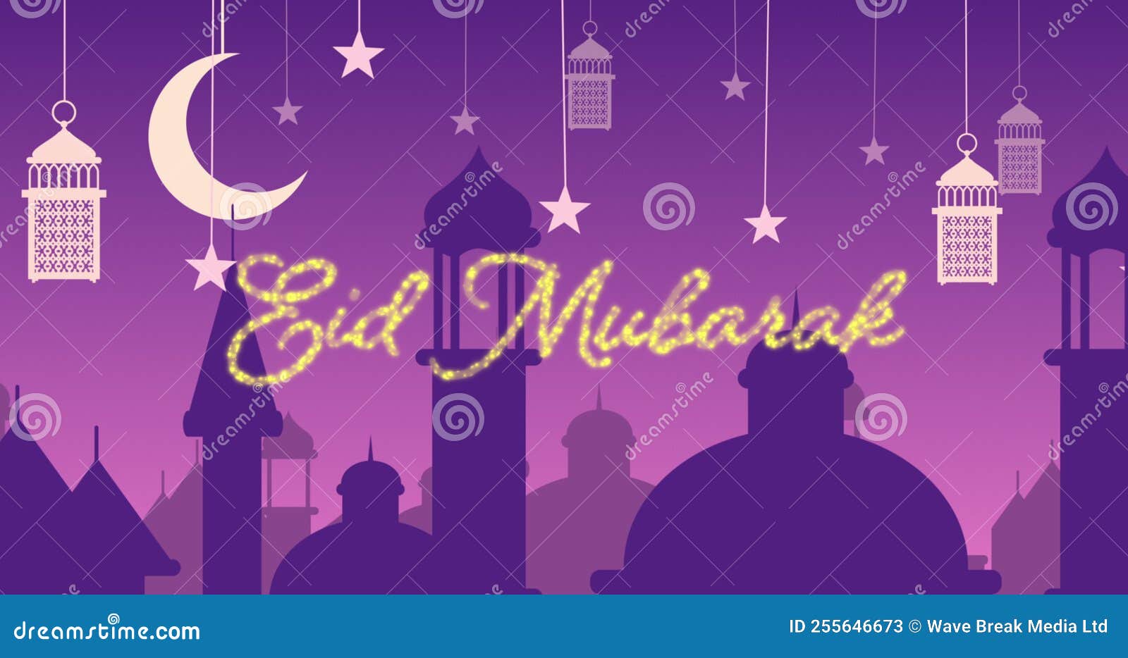 Glittery Eid Mubarak Greeting with Mosques and Lanterns with Moon and ...
