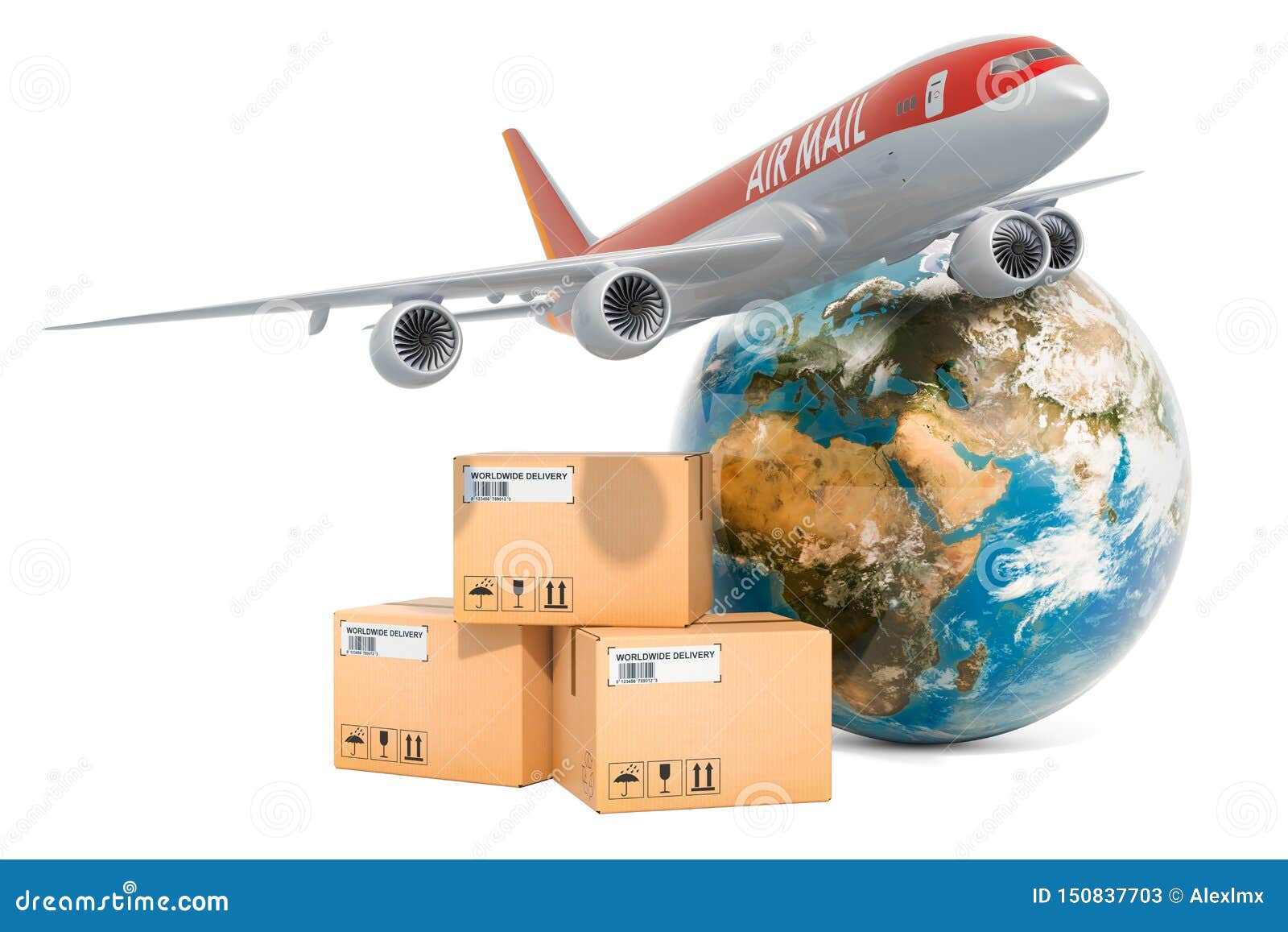 Global Air Freight Concept. Parcels with Aeroplane and Earth Globe, 3D ...