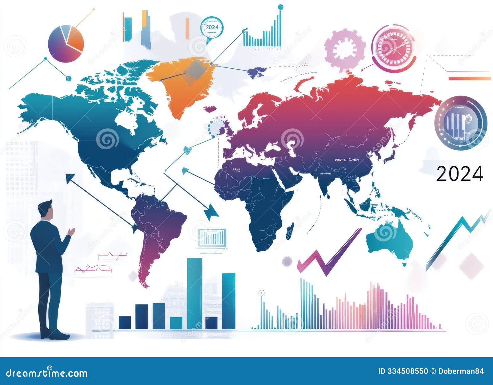 Global Business Analysis Illustration with World Map and Data Charts for 2024 Stock Photo ...