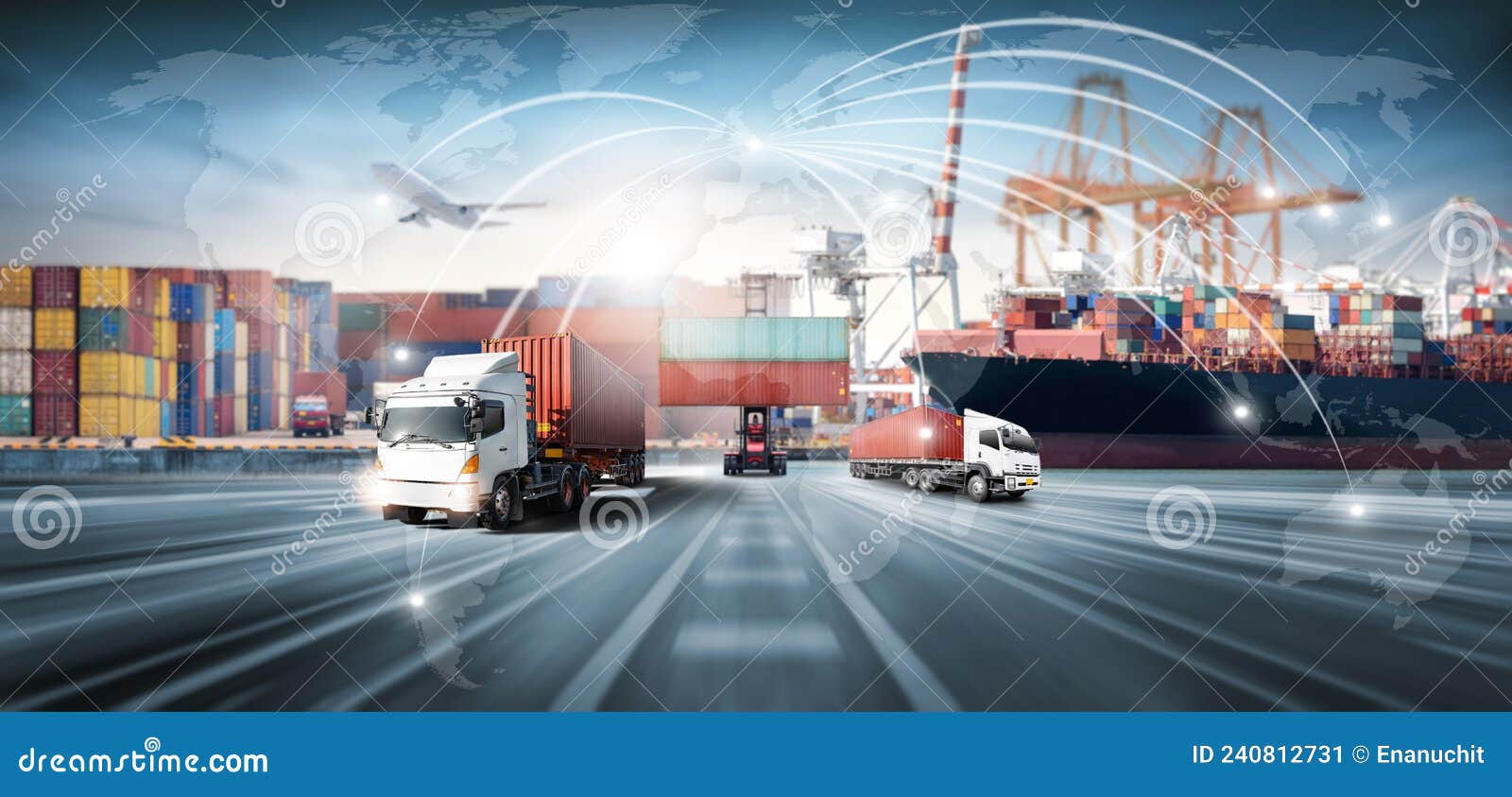 Freight Ship In Port. Cartoon Marine Dock With Barge Loading Containers ...