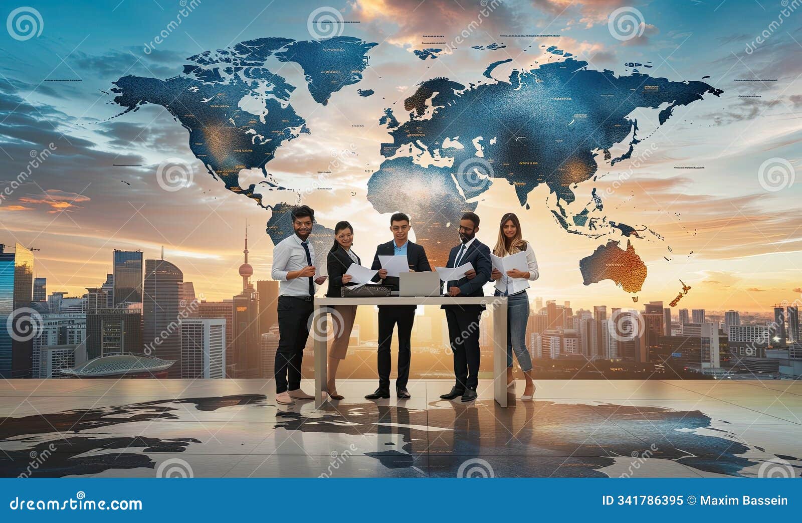 A Global Business Team Stands in Front of a Desktop with Silhouettes of ...