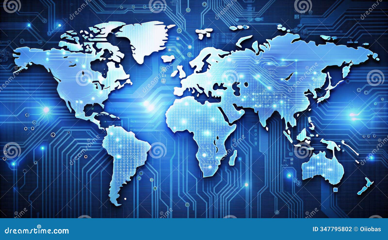 Global Circuitry World Map on Tech Background Stock Illustration ...