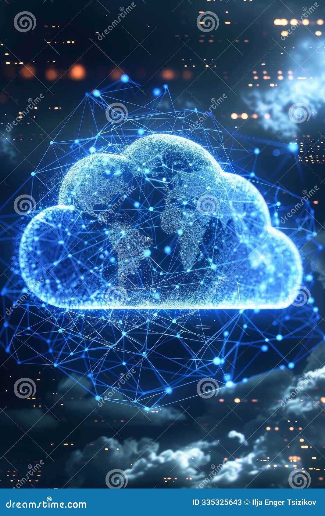 Global Cloud Computing Blue Glowing Cloud with Network Connectivity and ...
