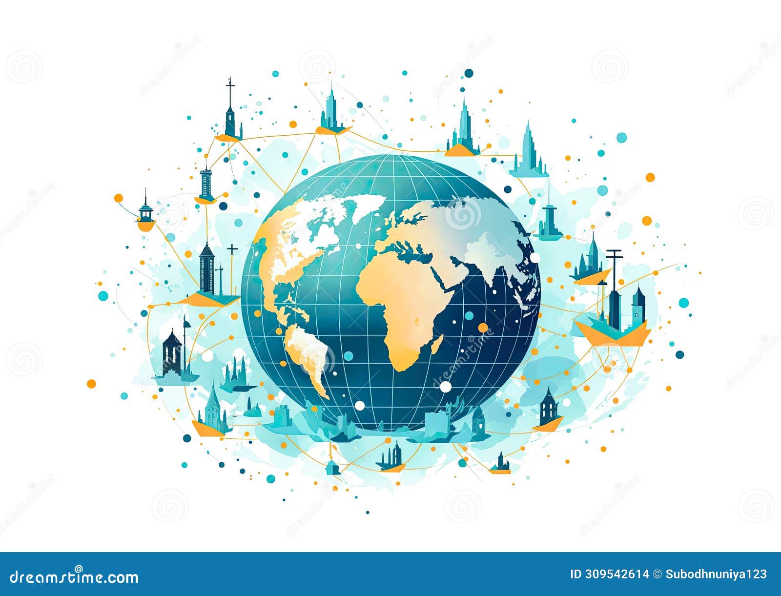 Global Communication Concept with Globe and Buildings Connecting World ...