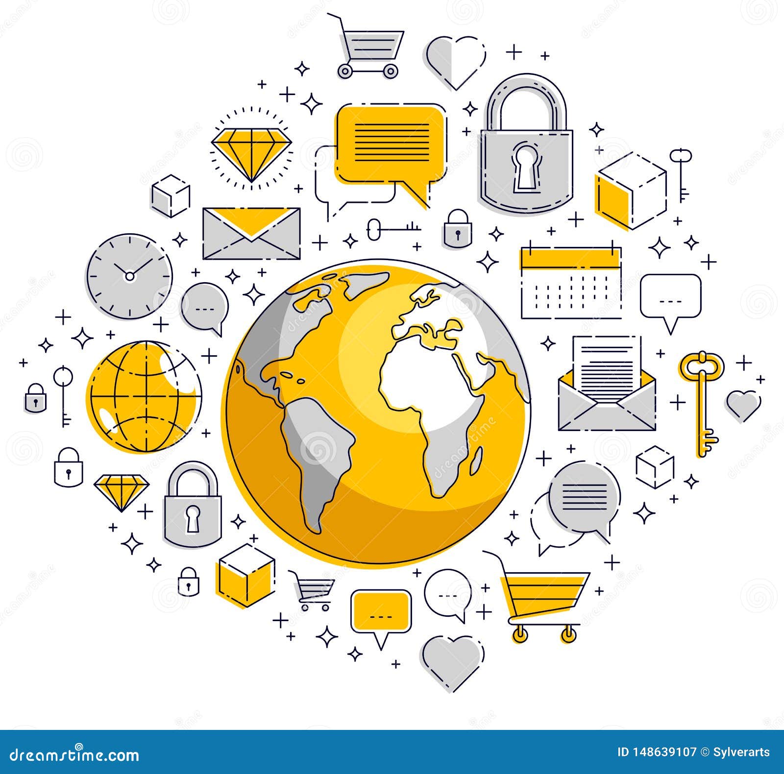Global Communication Concept, Planet Earth with Different Icons Set ...