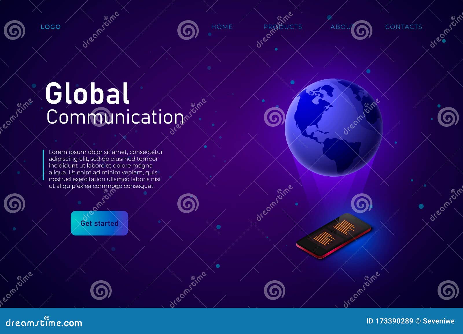 Global Communication Header Landing Web Page Template. Isometric Phone ...
