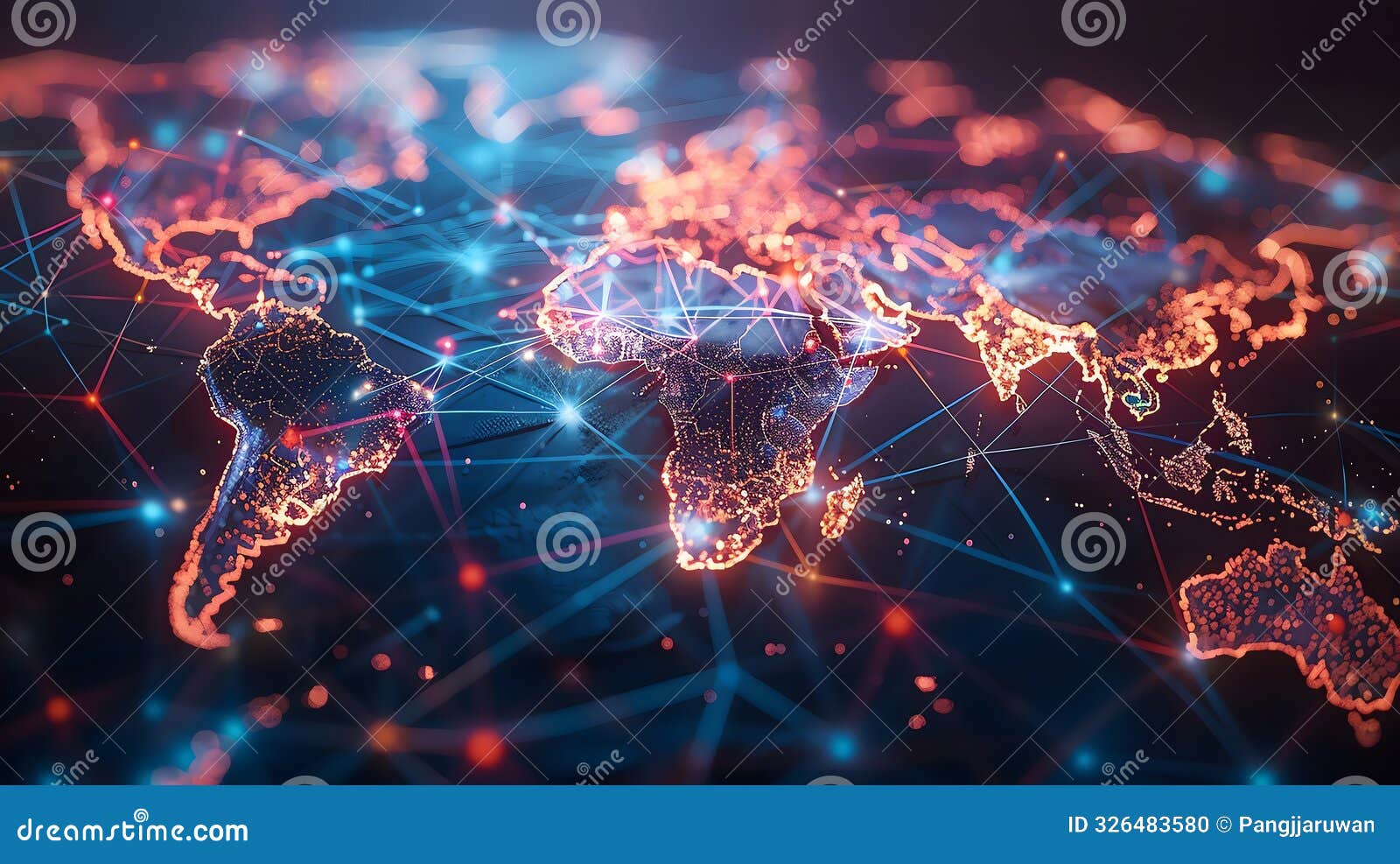 Global Communication Network with Connecting Lines Over a World Map ...