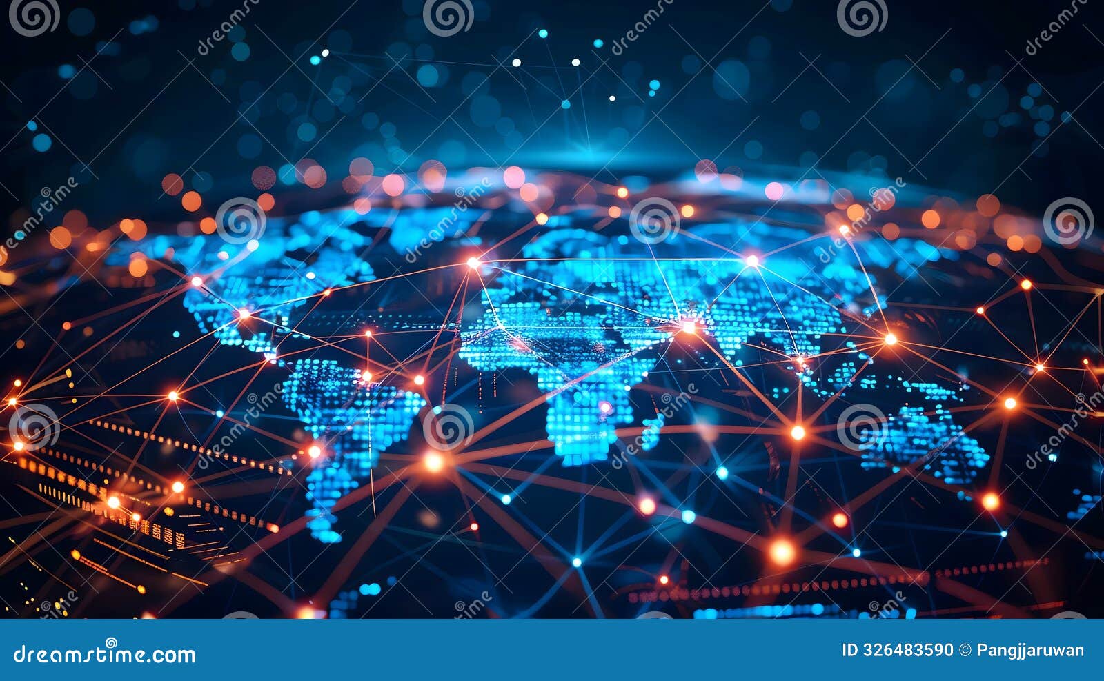 Global Communication Network with Connecting Lines Over a World Map ...