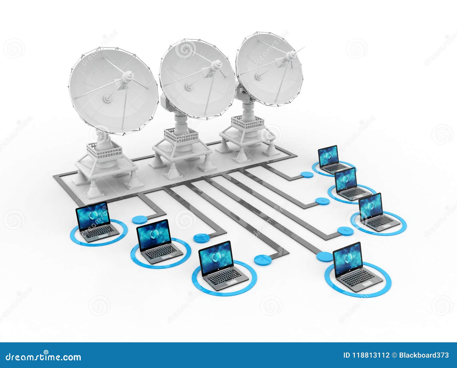 Global Communication with Satellite Dish and Computer. 3d Illustration ...