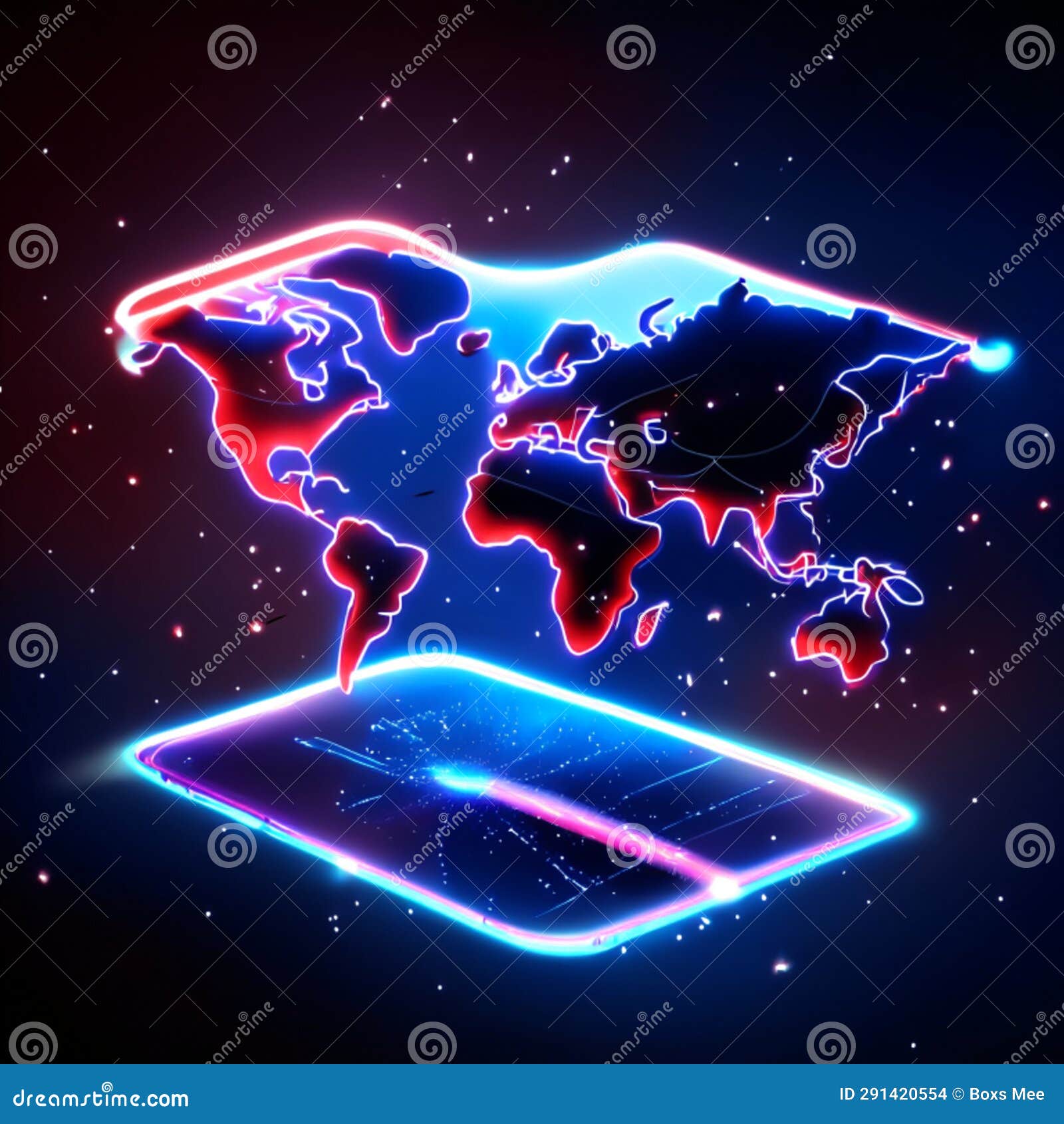 Global Communication Technology Concept with World Map in Neon Light ...
