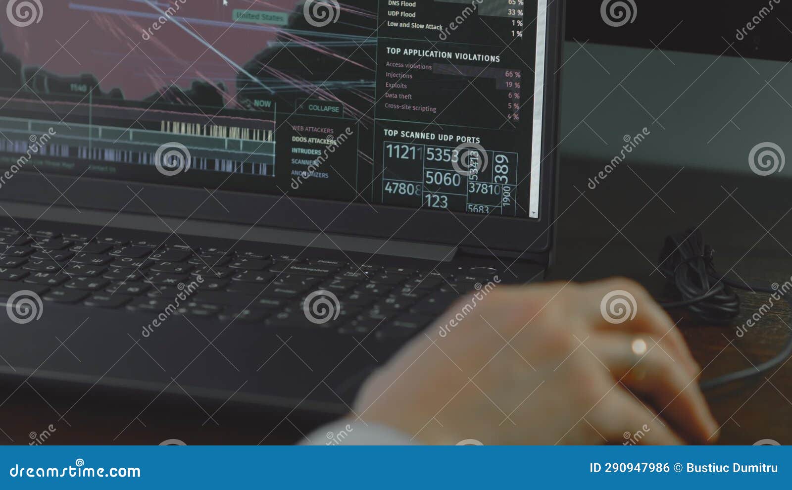 Global Cyber Attack with World Map on Computer Screen. Internet Network ...