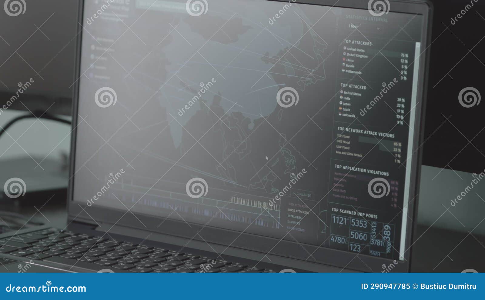 Global Cyber Attack with World Map on Computer Screen. Internet Network ...