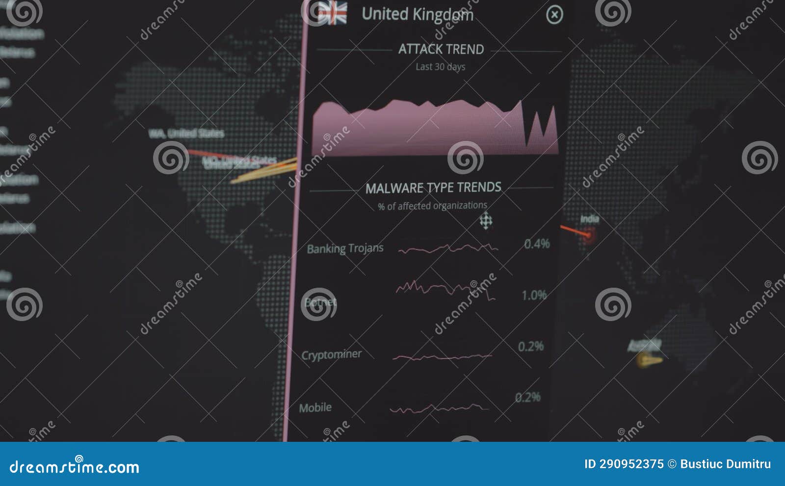 Global Cyber Attack with World Map on Computer Screen. Internet Network ...