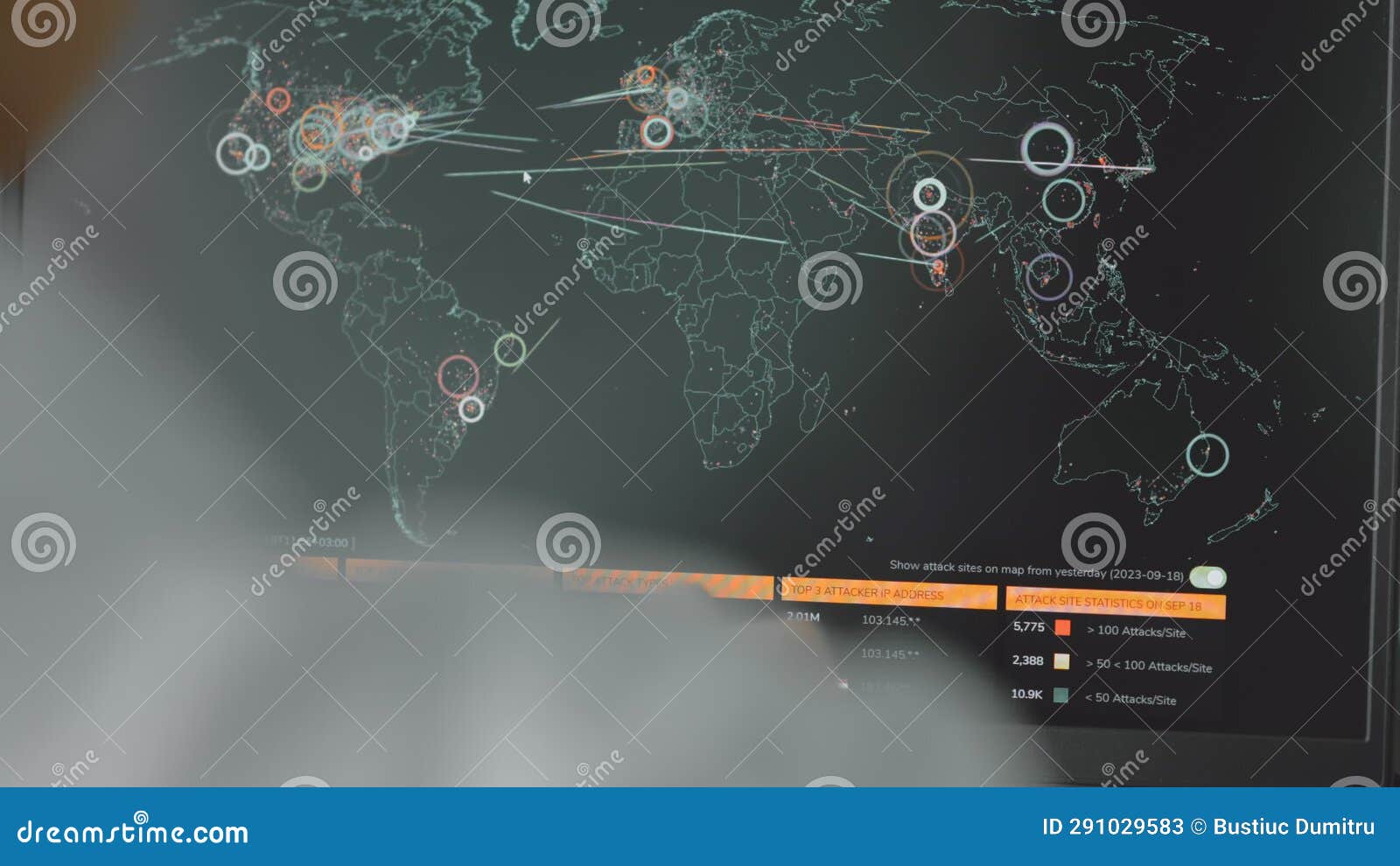 Global Cyber Attack with World Map on Computer Screen. Internet Network ...