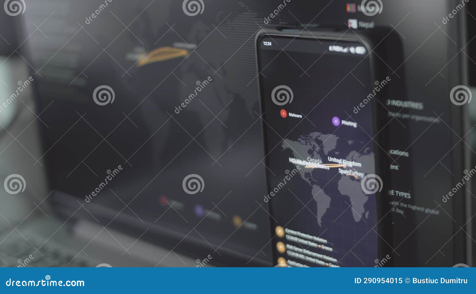 Global Cyber Attack with World Map on Mobile Phone and Computer Screen ...