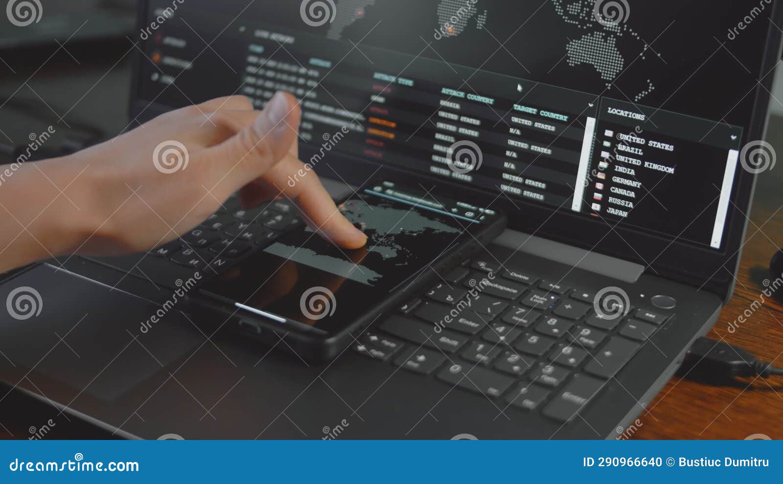 Global Cyber Attack with World Map on Mobile Phone and Computer Screen ...